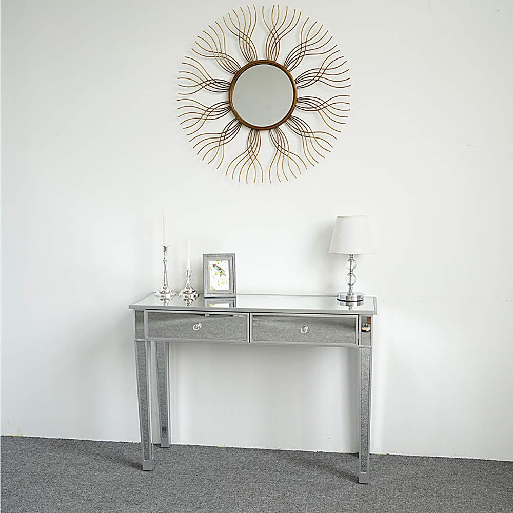 Goujxcy Mirrored Makeup Table Desk,Home Office Smooth Silver Finish Vanity Dressing Table for Women with 2 Drawers Writing Desk Modern Media Console Table
