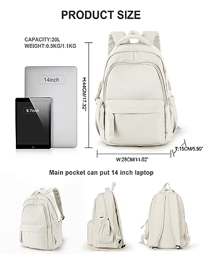 Small Backpack For School Girls Boys Aesthetic Lightweight Travel Daypack Simple Cute Backpack For Women Men Waterproof College High School Bookbag Fit 14 Inch Laptop With USB charging port,Beige