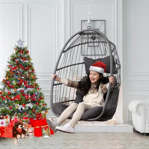 NICESOULĀ® Hanging Egg Chair Without Stand Tree Ceiling Egg Basket Chairs UV Resistant 265lbs Capaticy for Patio Backyard Balcony Bedroom Living Room with Hanging Steel Chain & Cushions Dark Grey