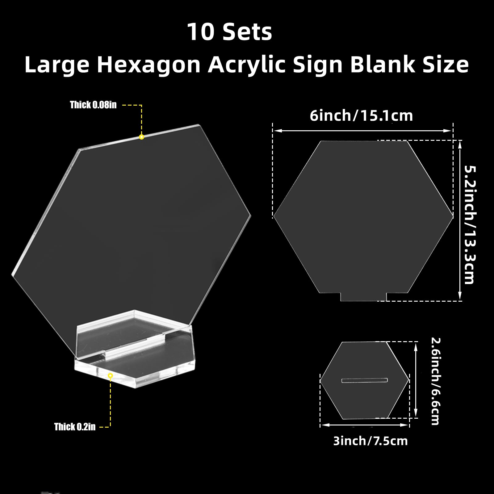 Senbota 6" Large Acrylic Table Numbers Clear Hexagon Acrylic Signs 10 Set With Stand Table Numbers Blank for Wedding Shower DIY Wedding Reception Decor Signs