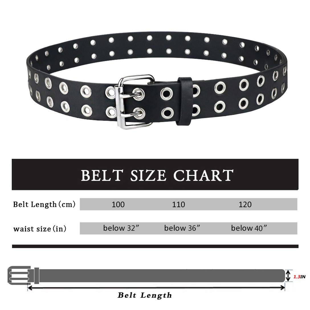 Grommet Leather Belts for Women, Double Prong Buckle Vintage Punk Jeans Belts