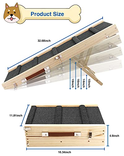 TNELTUEB Adjustable Dog Ramp, Wooden Folding Portable Pet Ramp,Rated for 30 LBS, 32.6" Long and Adjustable from 10" to 19" with Non-Slip Traction Mat, Dog Step for Bed, Couch,Car (Grey)