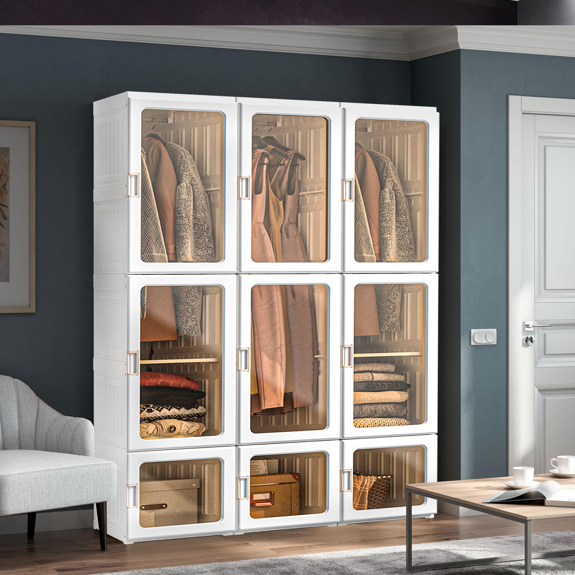 HAIS Portable Wardrobe Closet Storage Organizer Large Capacity 20" Deep Portable Plastic Closet Armoire (5 Cubes-3 Hanging Rods) Collapsible Foldable Organizer Cloakroom Wardrobe Magnetic Doors