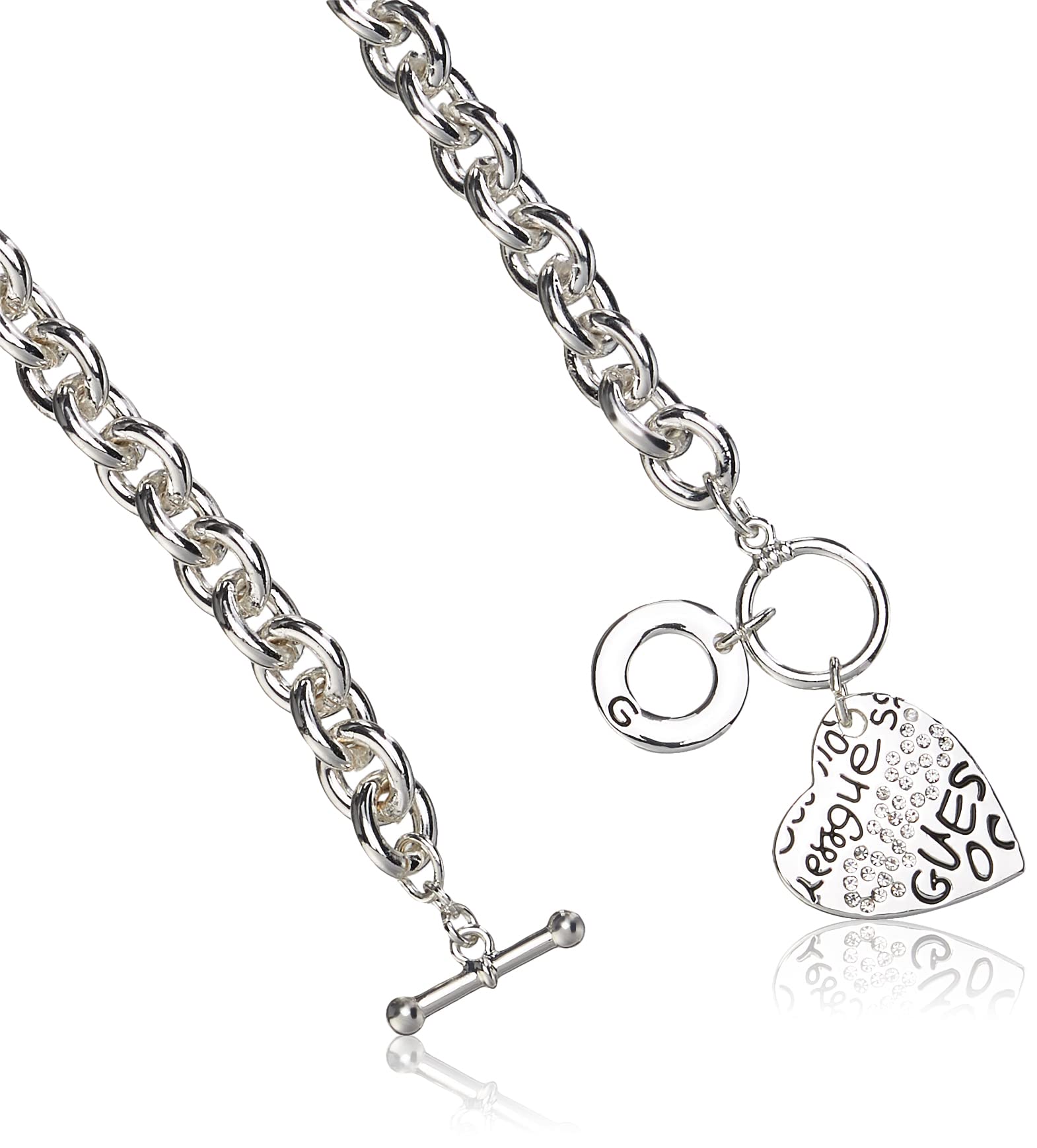 GUESS womens "Basic" Silver and Crystal Graffiti Heart Toggle Pendant Necklace, 16"
