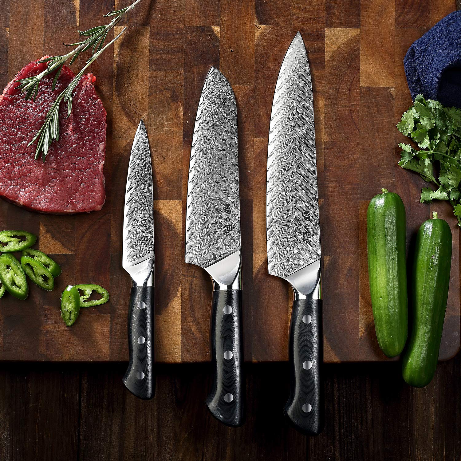 SIXILANG Knife Set, 3 PCS Professional Damascus Chef Knives, 67 Layer Japanese AUS10 Steel Core Forged Kitchen Knives, Well-Balanced Full Tang Handle Triple Rivet Handle - Black Gift Box