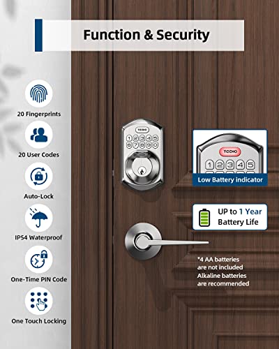 TEEHO TE002L Fingerprint Door Lock with 2 Lever Handles, Keyless Entry Deadbolt with Handle Set, Electronic Keypad Deadbolt for Front Door, Auto Lock and 1 Touch Locking, Satin Nickel