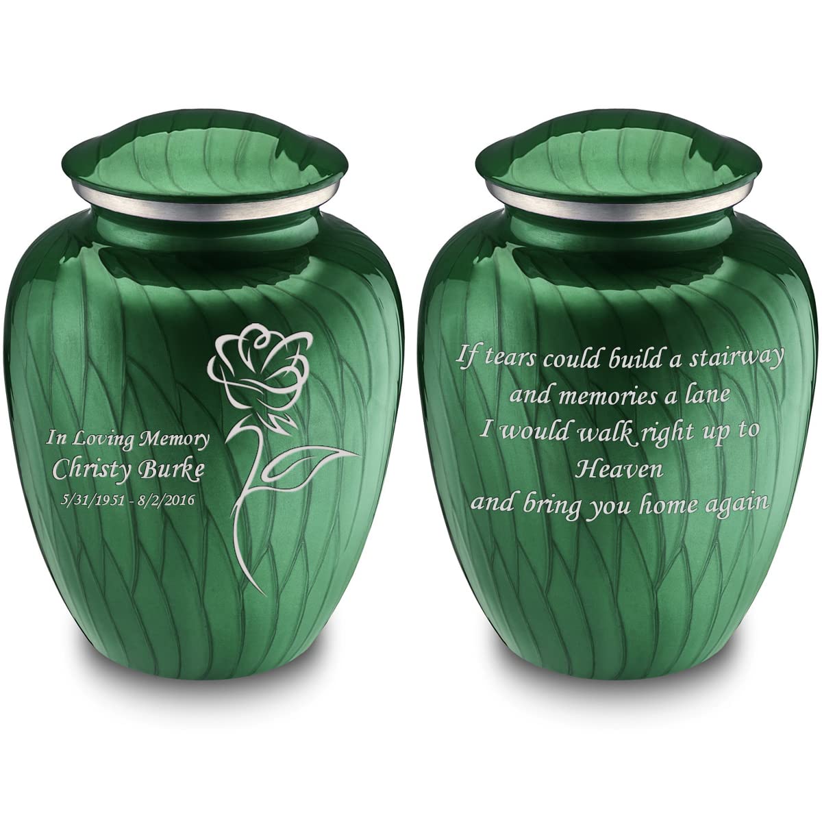 GetUrns Embrace Personalized Rose Adult Cremation Urn with Custom Engraving for Human Ashes for Funeral, Burial, Niche or Columbarium –200 Cubic Inches–Urns for Adult Ashes (_Pearl Green Double Sided)