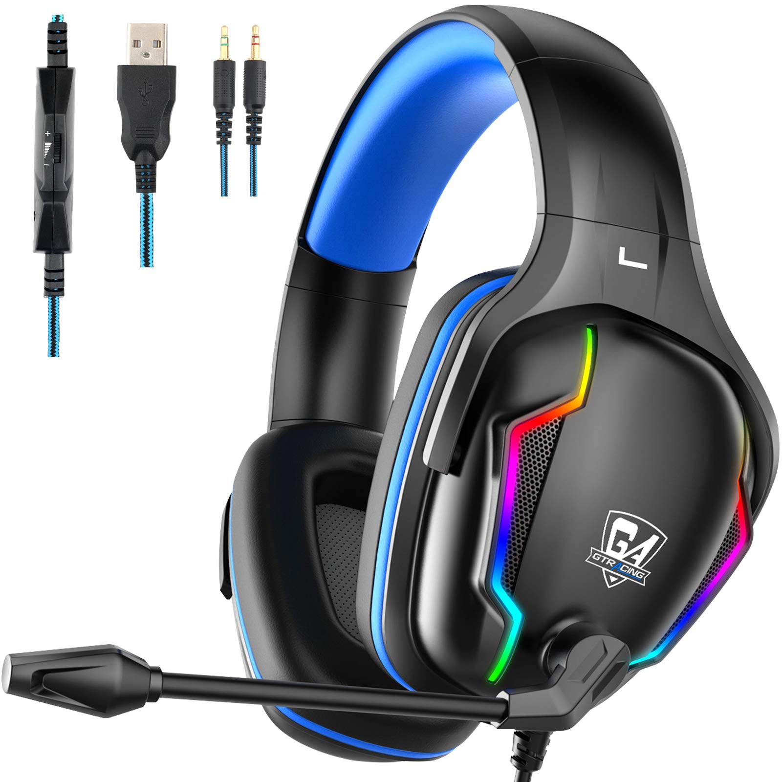 GTRACING Gaming Headset for PC - Computer Headphones with Surround Sound Stereo Noise Canceling Mic/Microphone RGB Light - Gaming Headphones for Nintendo Switch, PS4, Console Laptop,Blue