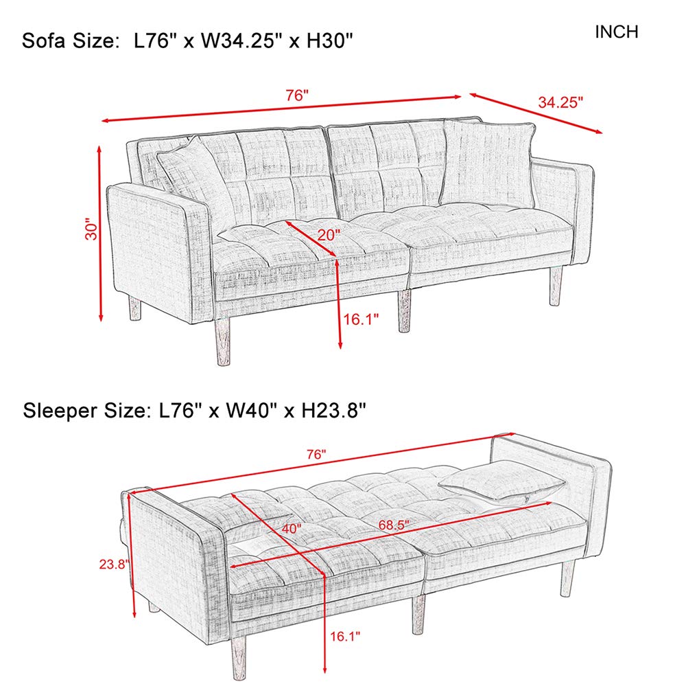 SLEERWAY Modern Futon Sofa Bed, Convertible Sleeper Sofa with Armrests and 2 Pillows, Recliner Couch with 5 Solid Wooden Legs, Twin Size Sofa for Living Room Handpicked Fabric (Light Grey)