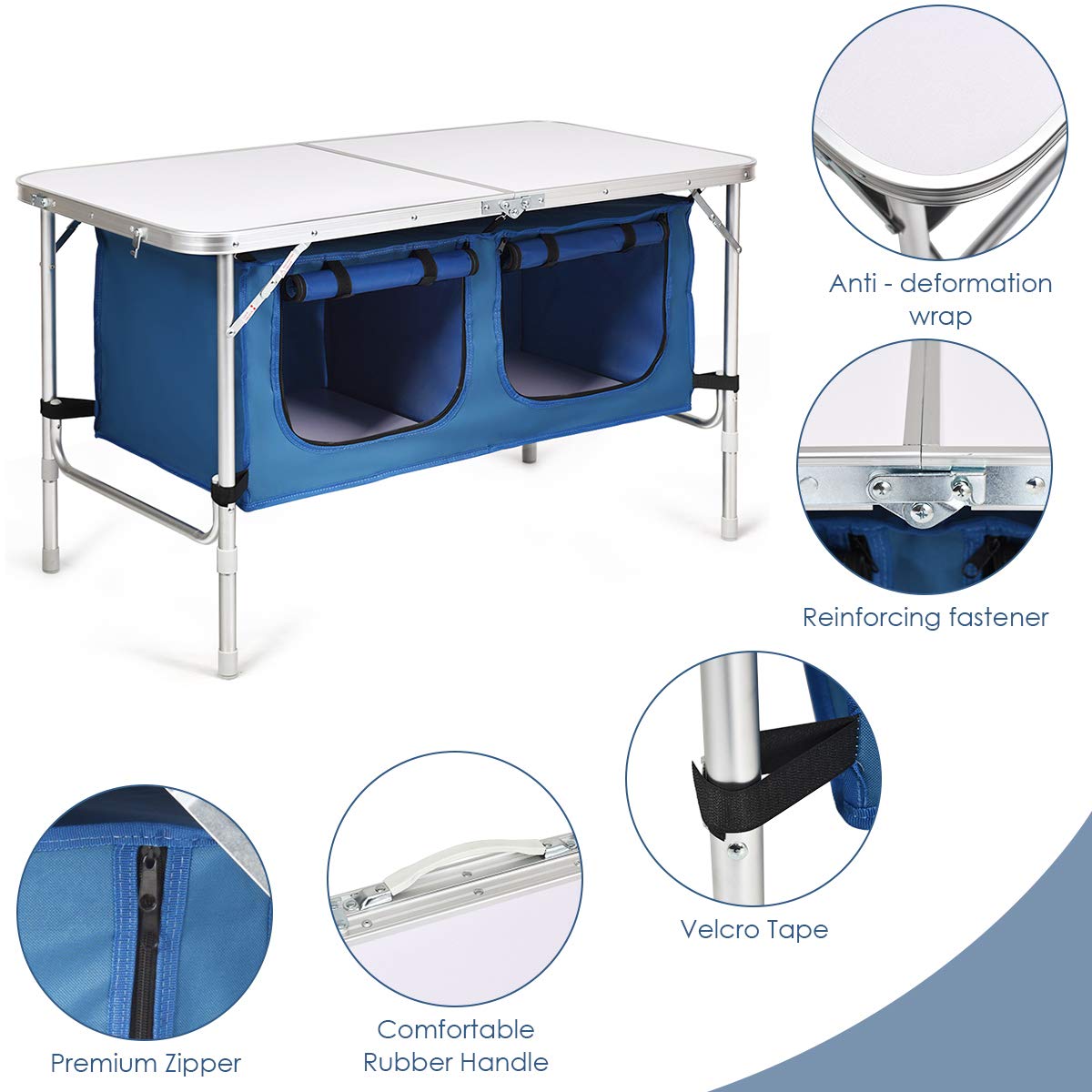 Goplus Folding Camping Table with Storage, Aluminum Outdoor Camp Table with 2-Level Adjustable Height, Lightweight Portable Foldable Picnic Table for Tailgating Beach BBQ Party RV