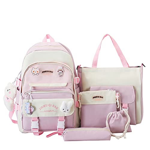 TUDERE Kawaii backpack set of 5 pieces aesthetic backpack for school teenage girls' daily necessities with charm and pins, pencil case, tote bag, small bag.