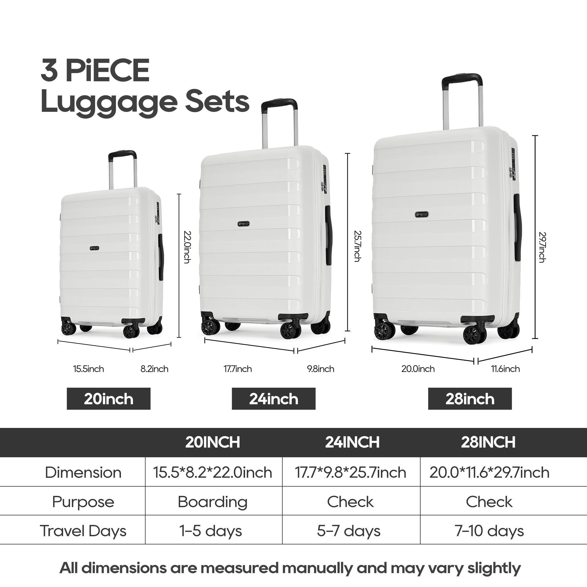GinzaTravel 3-piece set white color luggage with scratch-resistant PP material, expandable((all 20 24 28), Super light, thickened, large-capacity double seal suitcase