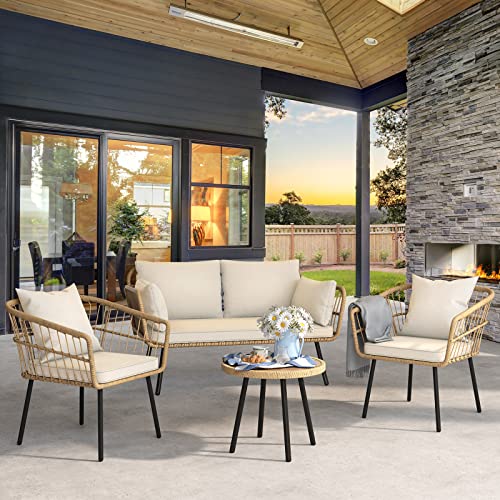 YITAHOME 4 Pieces Patio Furniture Set, Wicker Balcony Bistro Set, Outdoor All-Weather Rattan Conversation Set with Loveseat Chairs Table Soft Cushions for Backyard, Pool, Deck, Garden - Beige