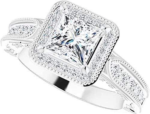 Moissanite World 1CT Princess Cut Colorless Moissanite Engagement Ring Wedding Band Gold Silver Eternity Solitaire Ring Halo Ring Vintage Antique Anniversary Promise Gift Her (7)