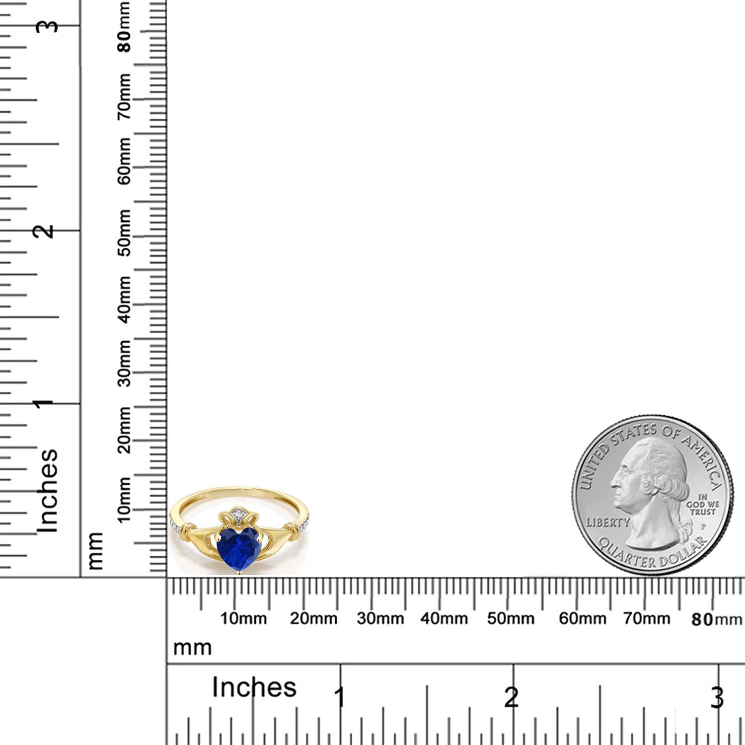 Gem Stone King 10K Yellow Gold Irish Celtic Claddagh Blue Created Sapphire and Diamond Accent Women Ring (0.86 Cttw, Available In Size 5, 6, 7, 8, 9)