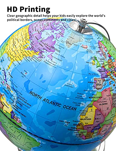Waldauge Illuminated World Globe with Stand, 9" Earth Globes with Stable Heavy Metal Base for Kids Classroom Learning, LED Constellation Globe Night Light with HD Printed Map