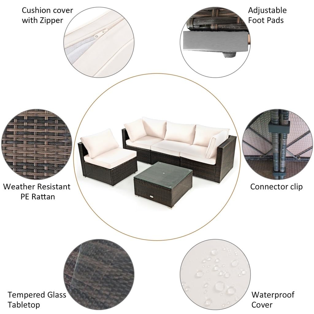 Generic 6PCS Patio Furniture Set Rattan Cushioned Gas Fire Pit Table Beige
