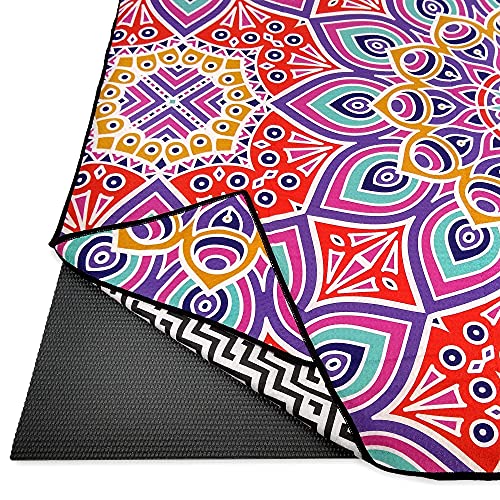 Hightide Yoga Mat Cover - Non Slip Microfiber Towel with Corner Pockets for Yoga and Bikram Hot Yoga in Two Sizes and Many Patterns (Mantra, 26" x 74")