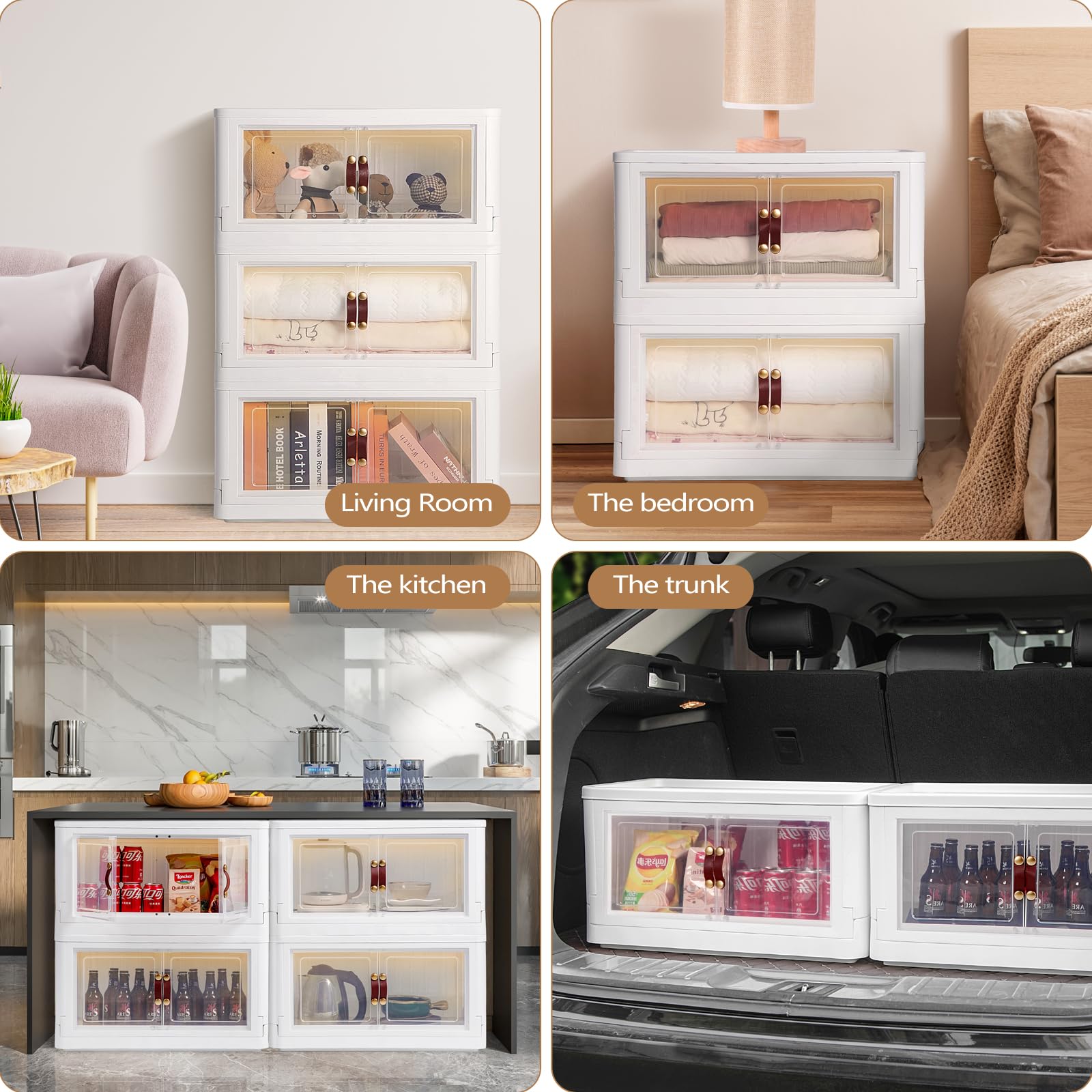 Storage Bins with Lids, Large Closet Organizers and Storage, 20 Gal Plastic Collapsible Storage Bins with Wheels, 4 Pack Double Door Clear White Stackable Storage Bins, Crate for Book