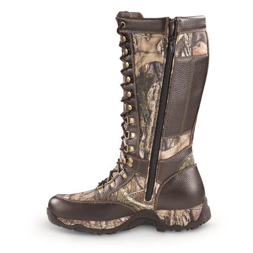 Guide Gear Men’s Leather Waterproof Side-zip Snake Boots, Brown/Mossy Oak Break-Up Country, 12D (Medium)