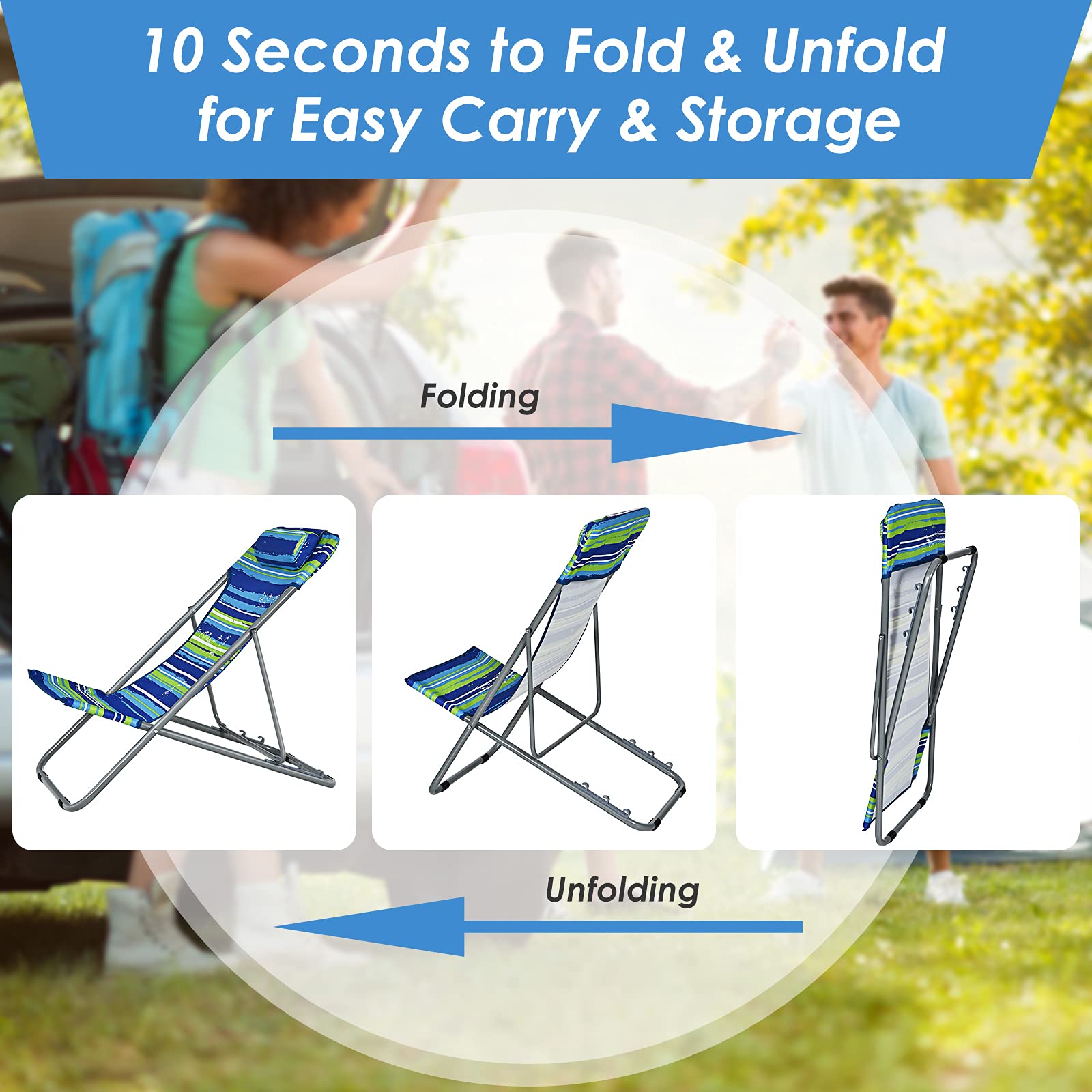 Giantex Beach Chair for Adults Camping Chair Set, Sunbathing Backpack Folding Recliner with 3 Adjustable Position, Lockable System, Headrest, Non-Slip Foot Pads, Lightweight Sand Chair (2, Green)