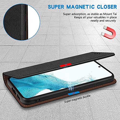 ZZXX Samsung Galaxy S22 Wallet Case with [RFID Blocking] Card Slot Stand Strong Magnetic Leather Flip Fold Protective Phone Case for Samsung Galaxy S22 5G Case Wallet(Black-6.1 inch)