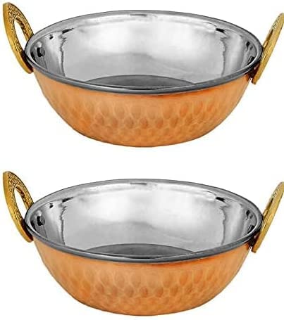 VAKRATUNDA KITCHENWARES 28 Oz Heavy-Duty Food Grade Stainless Steel Kadhai, Copper Bottom, Multipurpose Indian Large Serving Karahi Bowls, 7 Inches Set of (2)