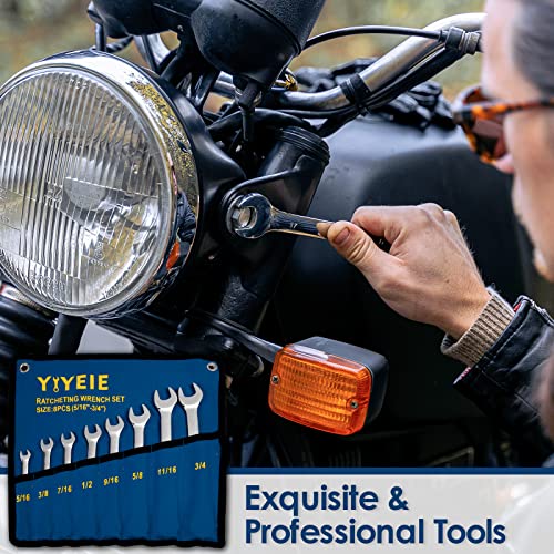 YIYEIE 8 Pc. Ratcheting Wrench Set, SAE 5/16, 3/8, 7/16, 1/2, 9/16, 5/8, 11/16, 3/4 Inch, 72 Tooth, CR-V Steel, Standard Combination Ratchet Wrench Set