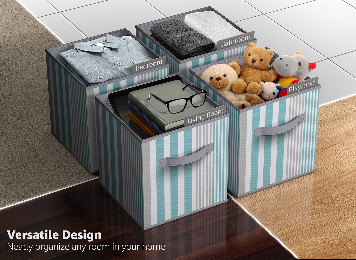 Sorbus 11 Inch Cube Storage Bin - 6 Foldable Storage Cubes for Shelf, Toy Box, Cubby and Closet Organizer - Pattern Aqua Collapsible Cloth Cube Storage Bins for Home Organization, Nursery, Bedroom