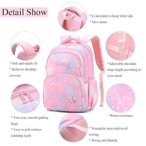 YJMKOI 3PCS Colorful Heart Print Backpack for Girls, Primary Kids Bookbag Set, Purple Backpack with Lunch Box