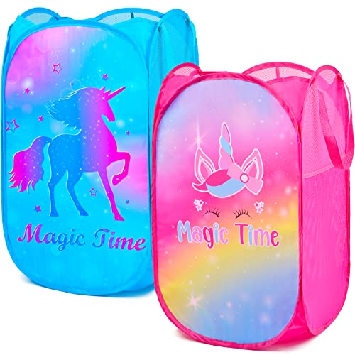 Pop Up Laundry Hamper, 2 Pack Foldable Kids Pop-up Mesh Hamper with Durable Handles, Protable Laundry Basket for Kids Room (Unicorn)