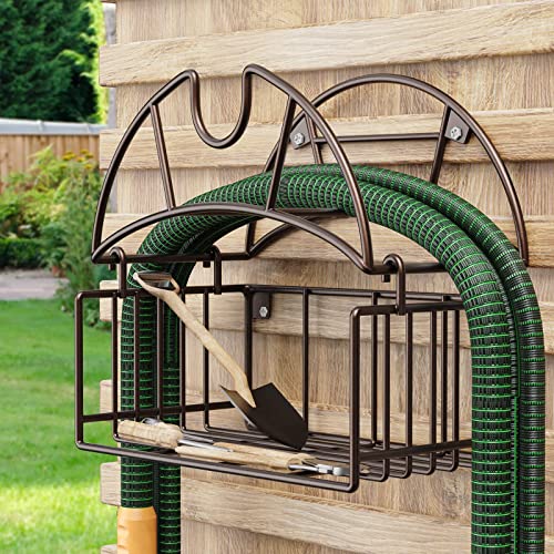 Hose Reel Garden Hose Holder,Water Hose Holder Wall Mount,Heavy Duty Metal Hose Hanger with Tool Storage Basket,Outdoor Hose Stands for Outside Garden Yard Garage