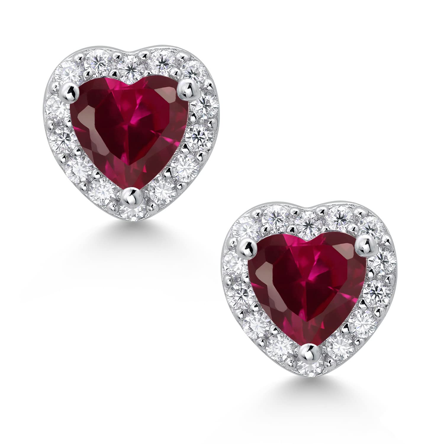 Gem Stone King 925 Sterling Silver Red Created Ruby and Moissanite Stud Earrings For Women (1.42 Cttw, Gemstone Birthstone, Heart Shape 5MM)