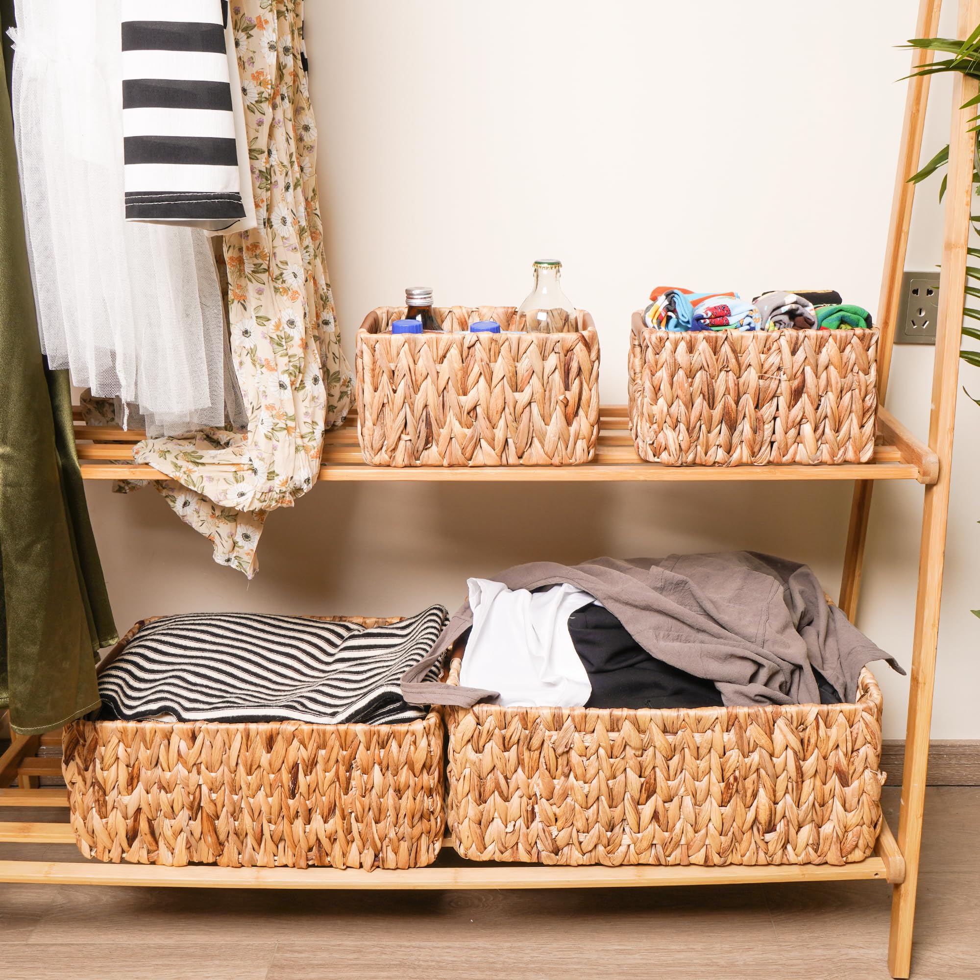 ZCHLPTZUP Natural Water Hyacinth Wicker Baskets, 4PCS Set, Handwoven Oblong Storage Baskets with Handles, Farmhouse Style, Stackable, Brown