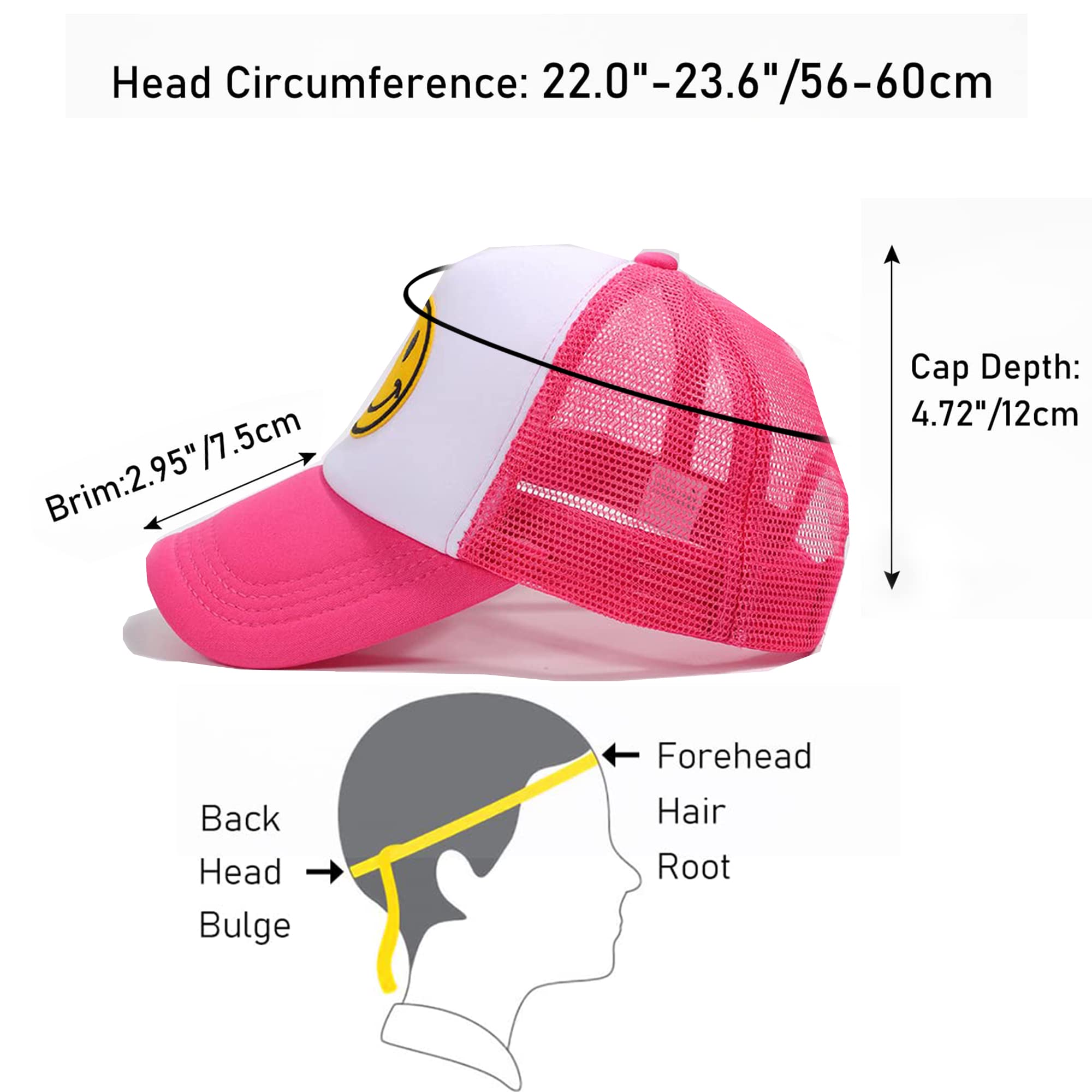 IZUS Women Preppy Trucker Hats,Teen Crown-Foam Mesh-Back Baseball Cap,Men Smiley-Face Adjustable Snapback Dad Hat 22"