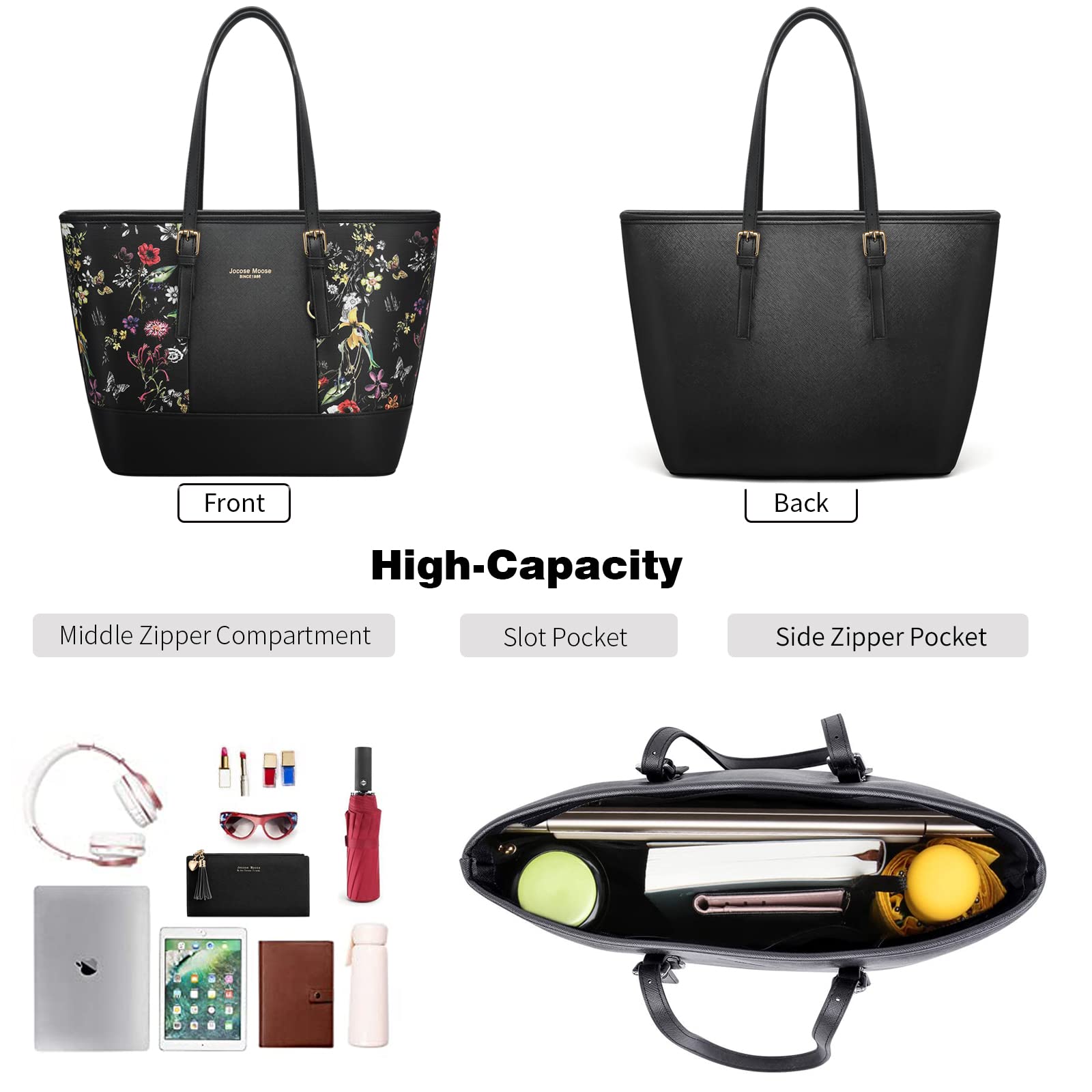 Jocose Moose Handbags for Women Wallet Tote Bag Shoulder Bag Top Handle Satchel Purse Set 3pcs (Black Print)