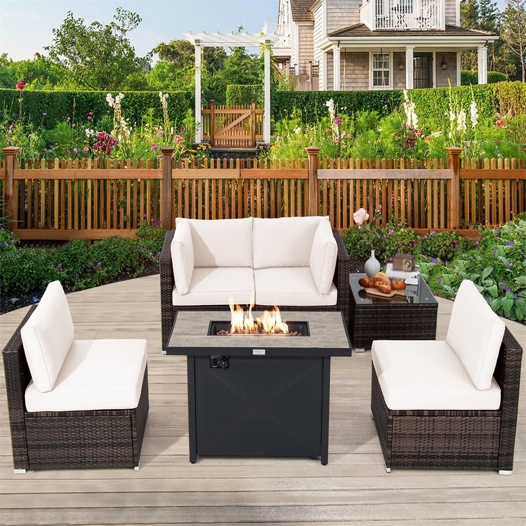 Generic 6PCS Patio Furniture Set Rattan Cushioned Gas Fire Pit Table Beige