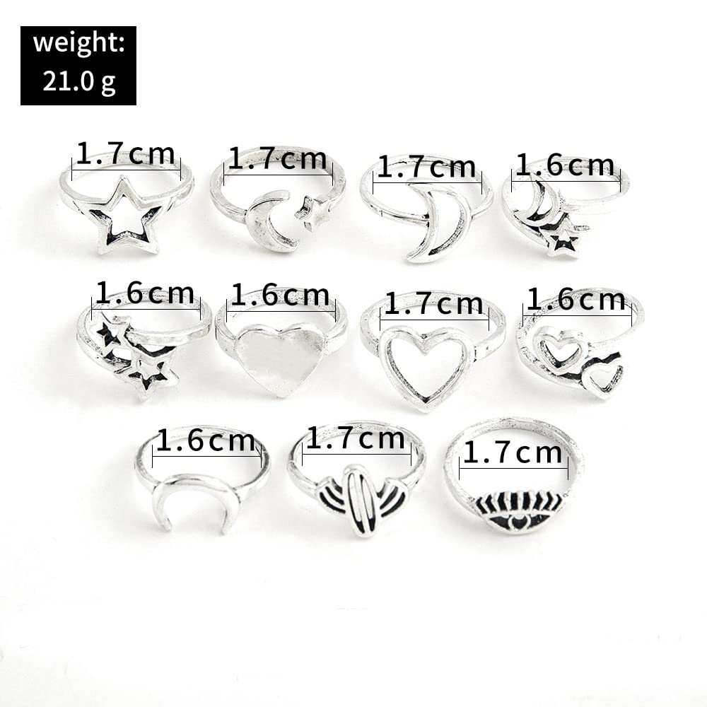 HUJUON 11-14 Pcs Silver Knuckle Stackable Finger Ring,Cute Cat Paw Joint Midi Rings,Hollow Star Moon Rings,Love Heart Cactus Open Ring Jewelry for Women (Silver 11Pcs)