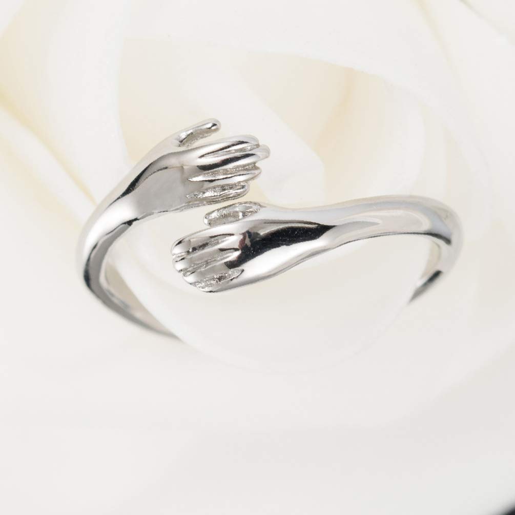 INRENG Unisex Stainless Steel Hands Embrace Open Couples Wedding Ring Romantic Love Hug Jewelry, Silver Size 6