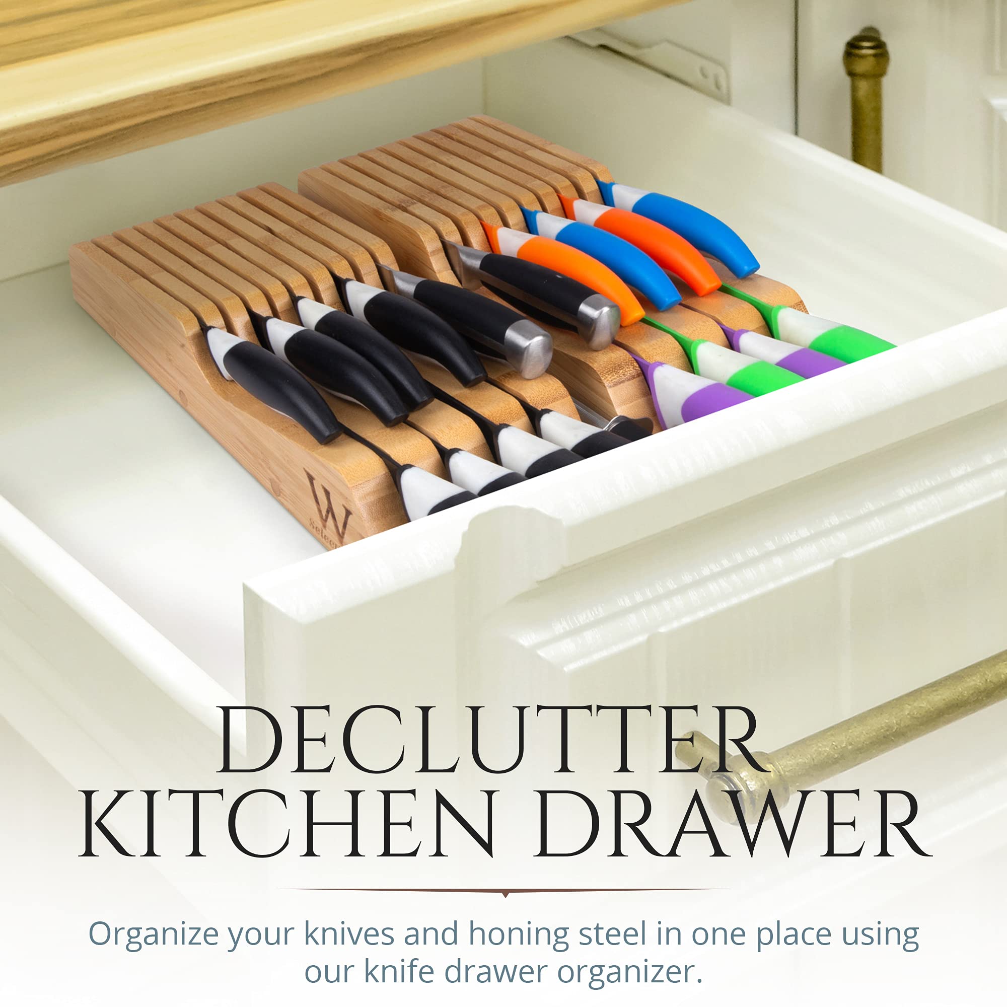 W Selections Bamboo Knife Drawer Organizer Insert - Kitchen Storage Holder for [18~26 Knives & 1~2 Honing Steel] Organization - Saves Countertop Space & Made of Premium Quality Moso Bamboo