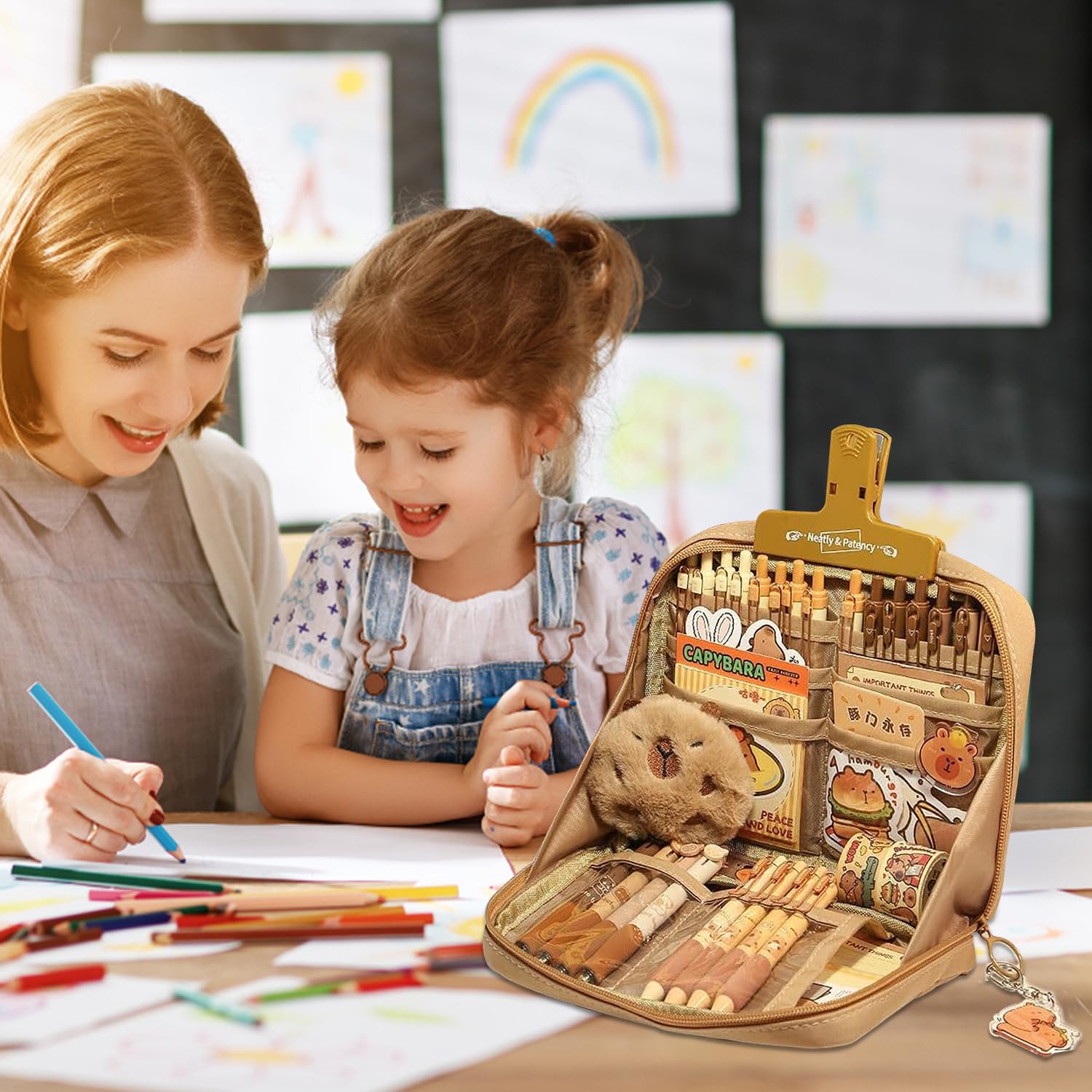 Seqgante Cute Capybara Pencil Case with 12 Compartments 90° Wide Opening Mouth Pencil Pouch with Kawaii Pins Plush Cute Stationery