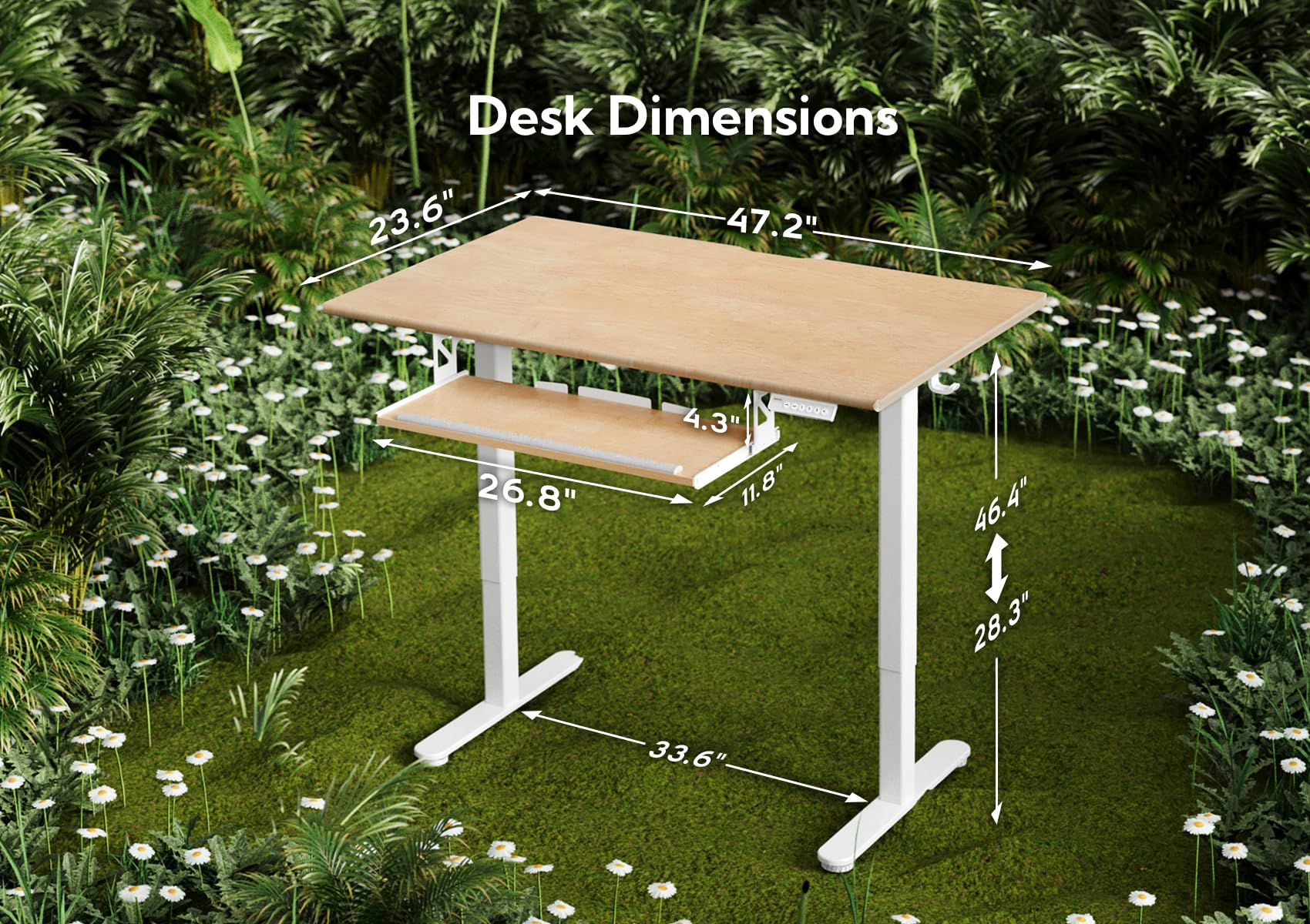INNOVAR Electric Standing Desk, Solid Wood Adjustable Desk with Keyboard Tray, 48×24 Inch Stand up Home Office Desk with Whole-Piece Board, White Frame/Natural Top