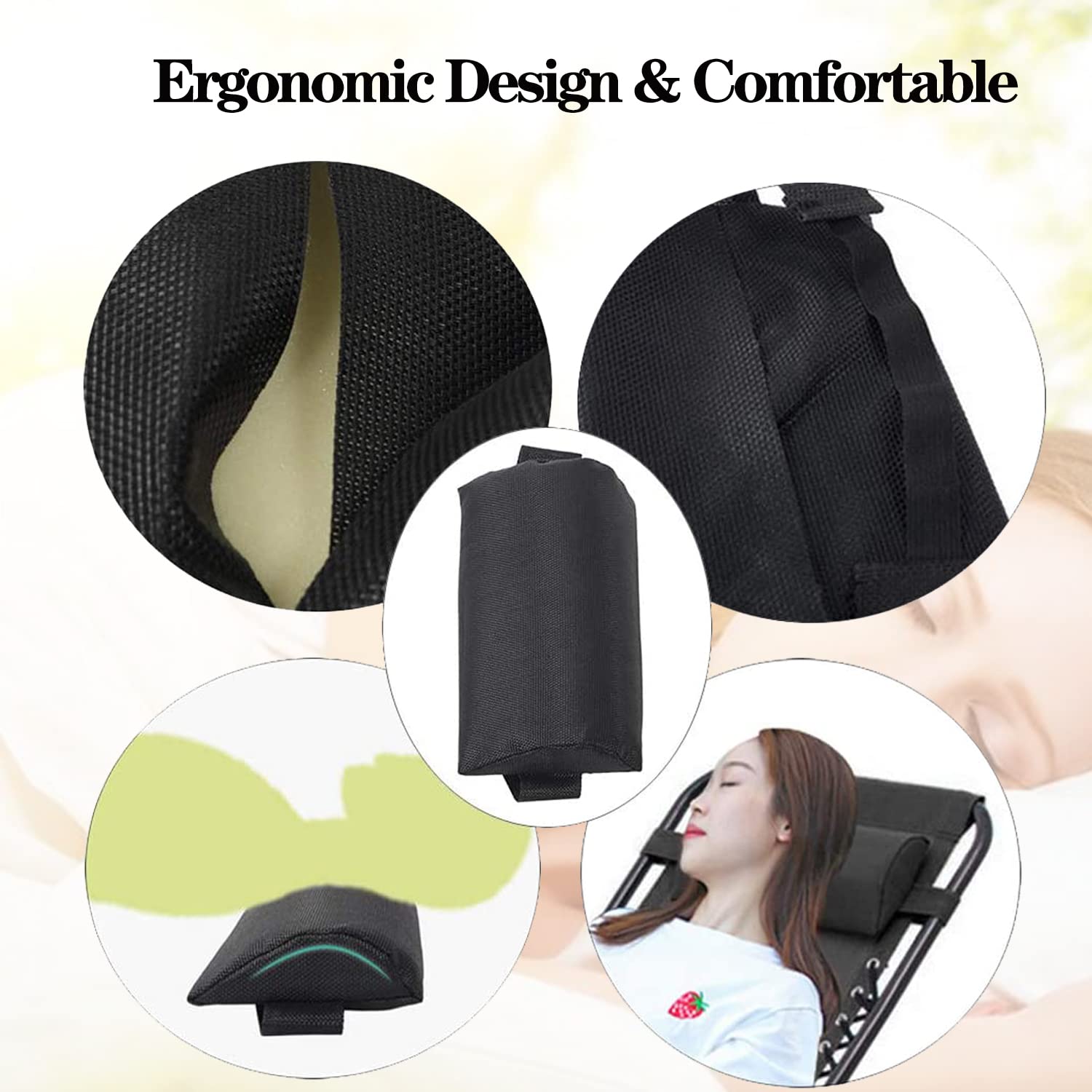 Zero Gravity Chair Set of 2 Replacement Pillow Headrest with Elastic Band, Universal Soft Removable Padded Cushion Head Pillow for Zero Gravity Lounge Chair, Folding Patio Lawn Recliner Chair, Black