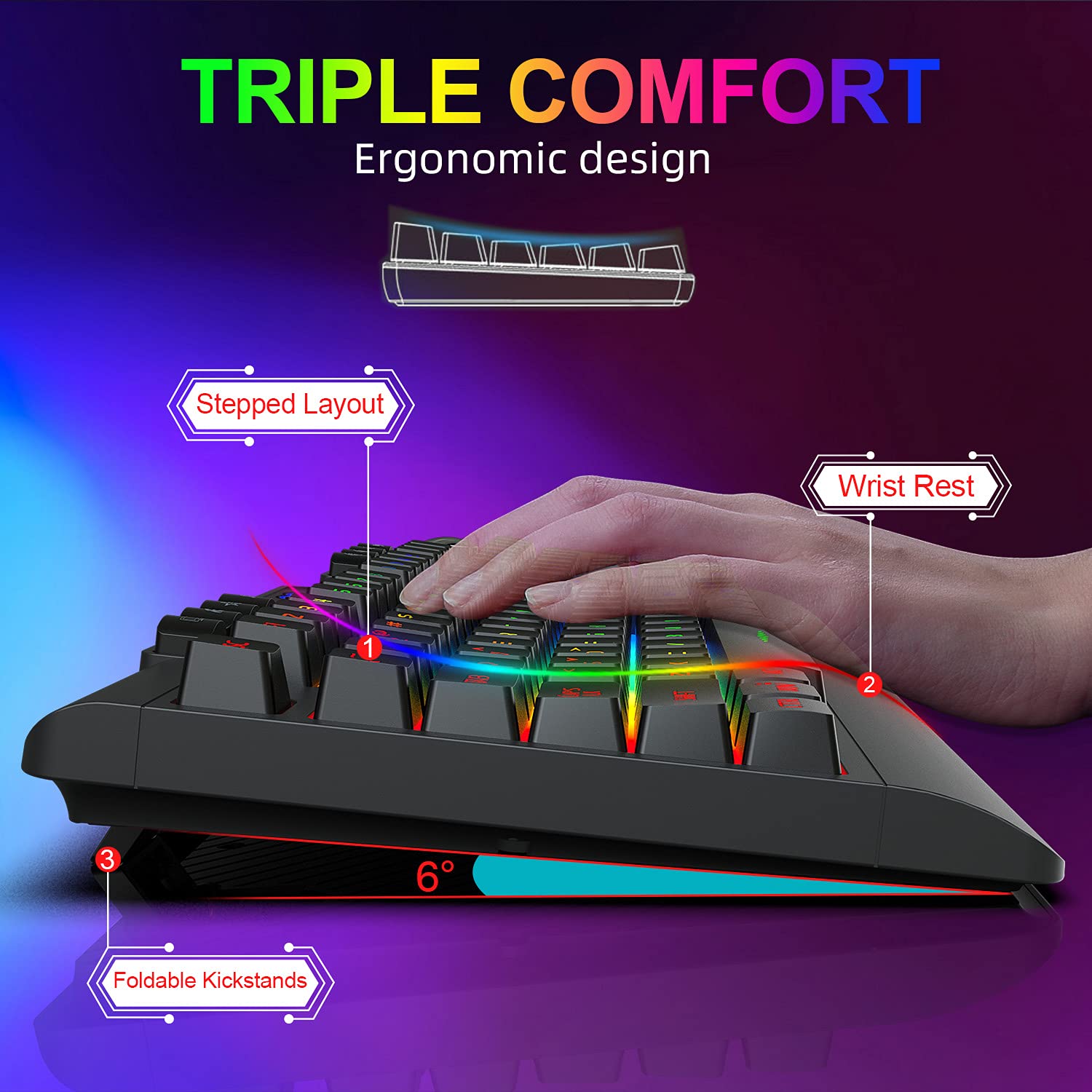 HETOETF Wireless Gaming Keyboard and Mouse Combo with Rainbow LED Backlit Rechargeable 4000mAh Battery Mechanical Ergonomic Waterproof Dustproof 7 Color Mice for Computer PC Mac Gamer (Black)