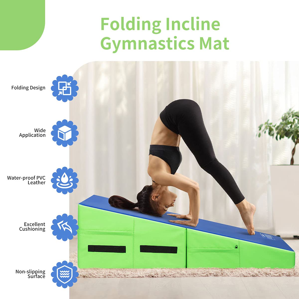 HUEFORA Wedge Shape Gymnastics Incline Mat Folding Fitness Tumbling Mat for Gymnastics Gym Tumbling, Practice & Exercise