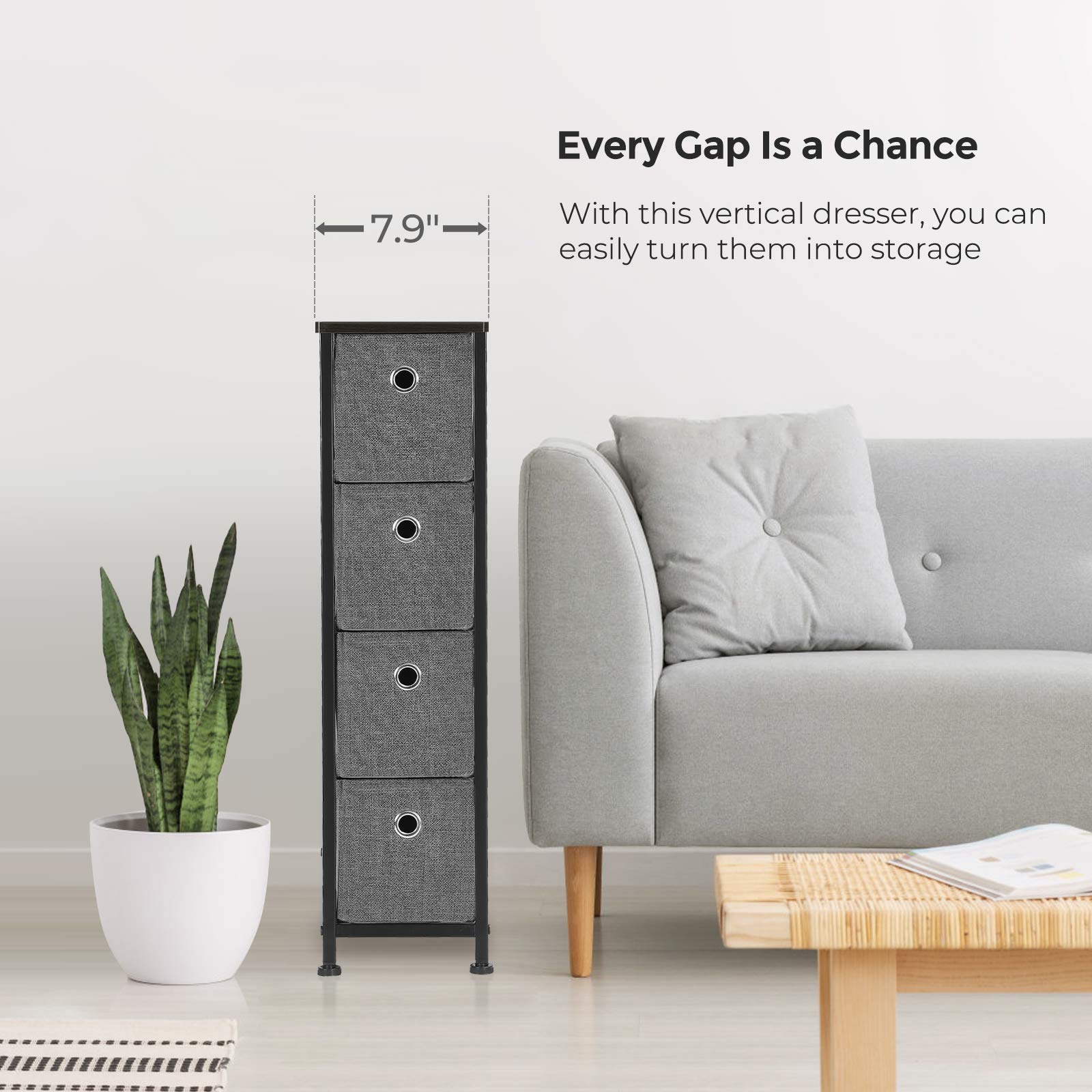 SONGMICS Narrow Dresser with 4 Fabric Drawers Vertical Slim Storage Tower Unit, 7.9",Grey