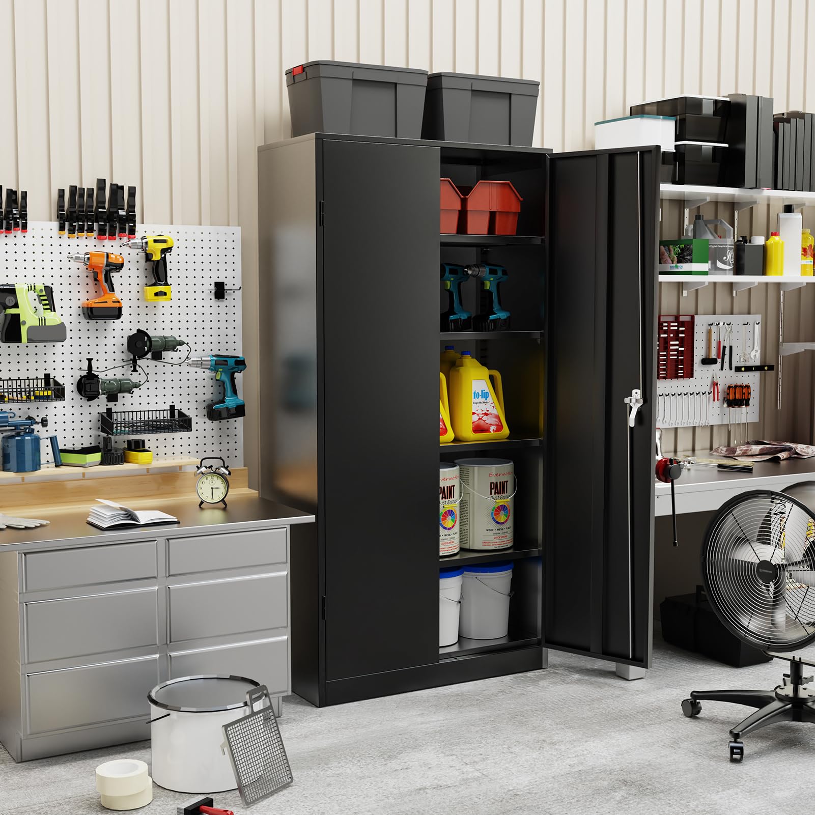 Greenvelly Metal Storage Cabinet, 72" Black Locking Storage Cabinets with Doors and 4 Shelves, Tall Tool Storage Cabinet for Garage, Steel Lockable File Cabinet Metal Locker for Home Office, Classroom