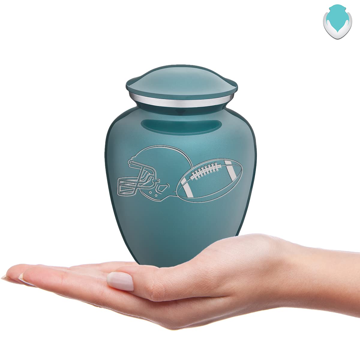 GetUrns Embrace Personalized Football Medium Cremation Urn with Custom Text Engraving for Human Ashes for Funeral, Burial, Niche or Columbarium β 44 Cubic Inches β Small Urns for Ashes (Teal)