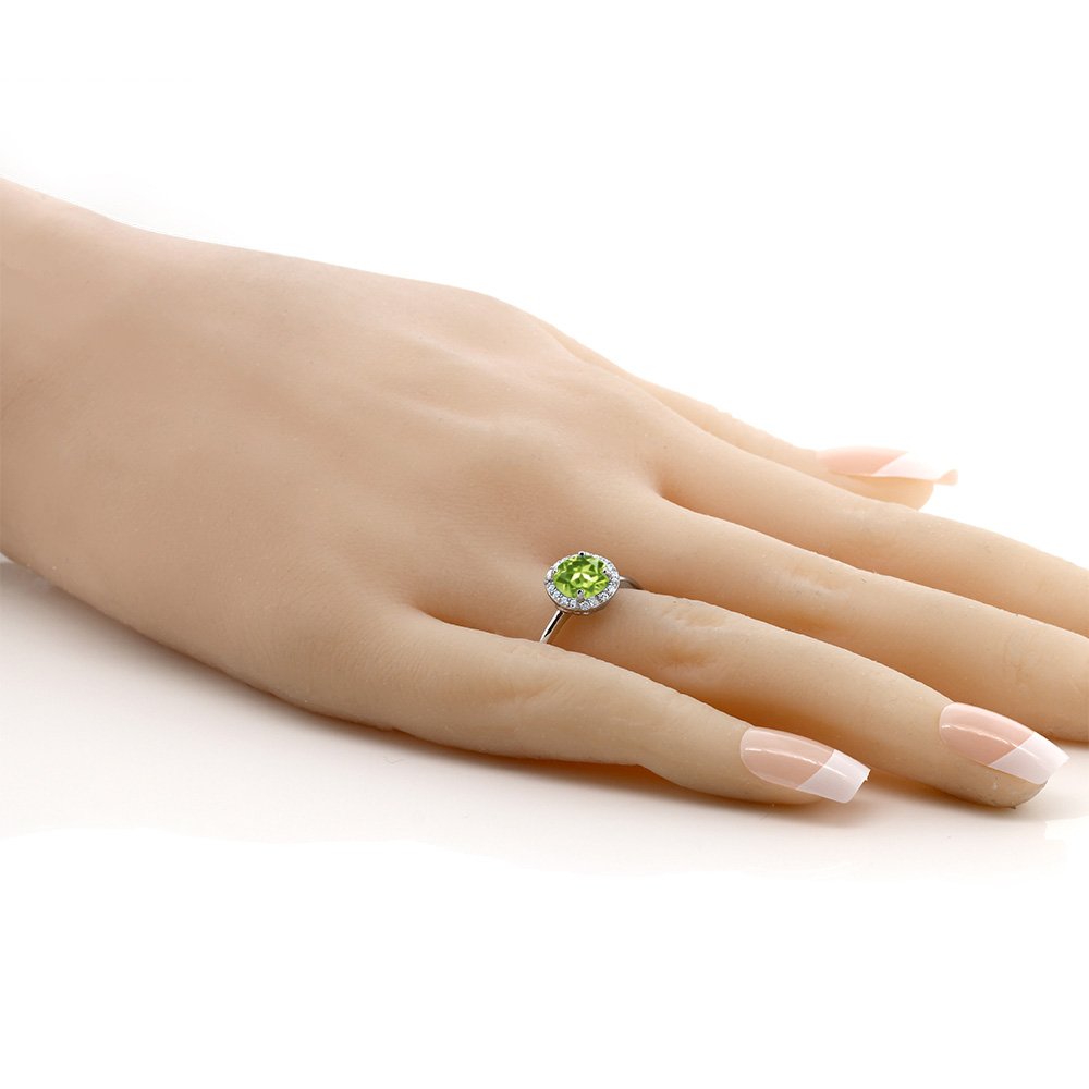 Gem Stone King 925 Sterling Silver Green Peridot Halo Engagement Ring For Women (1.55 Cttw, Gemstone Birthstone, Available in size 5, 6, 7, 8, 9)