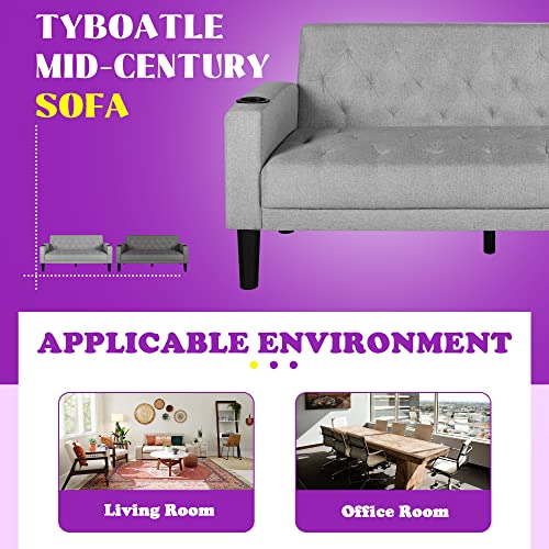 TYBOATLE 62" W Loveseat Sofa w/ 2 USB Charger Ports and 2 Cupholders, Mid-Century Modern Tufted Linen Fabric Small Love Seat Couches for Compact Living Room, Bedroom, Apartment, Dorm (Light Grey)